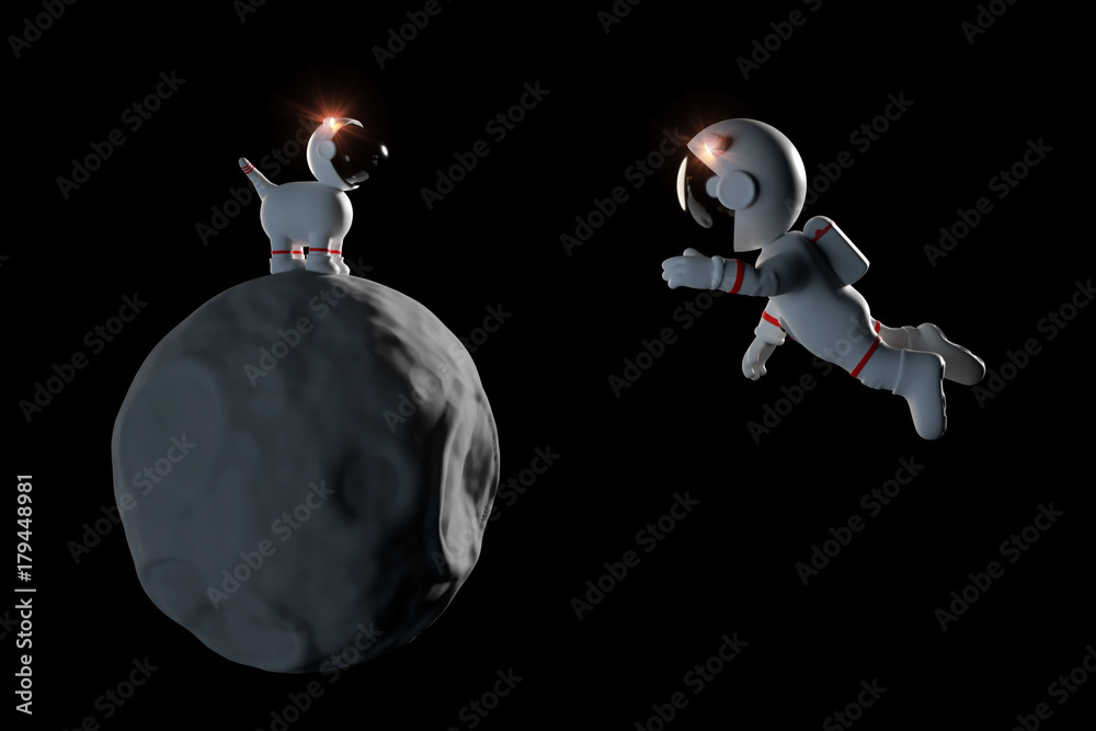 cute cartoon astronaut character and a space dog on asteroid in white ...