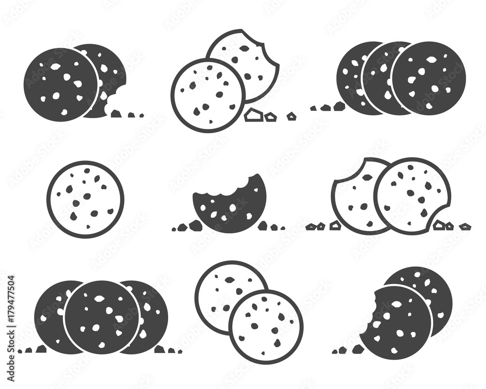 Bitten chip cookies icon set. Biscuit cookie or biscotti vector icons ...