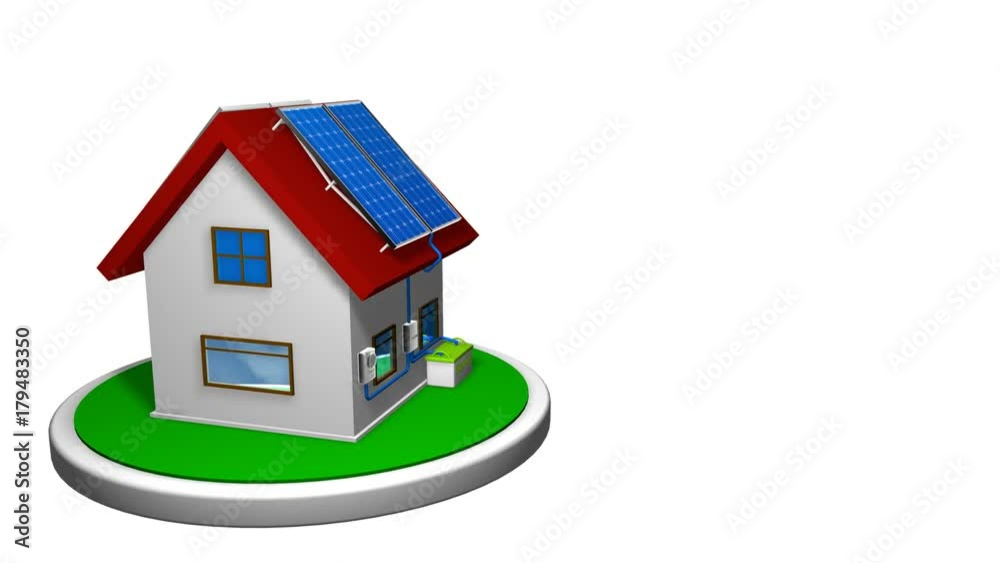 3D animation of a small house with a solar energy system installed ...