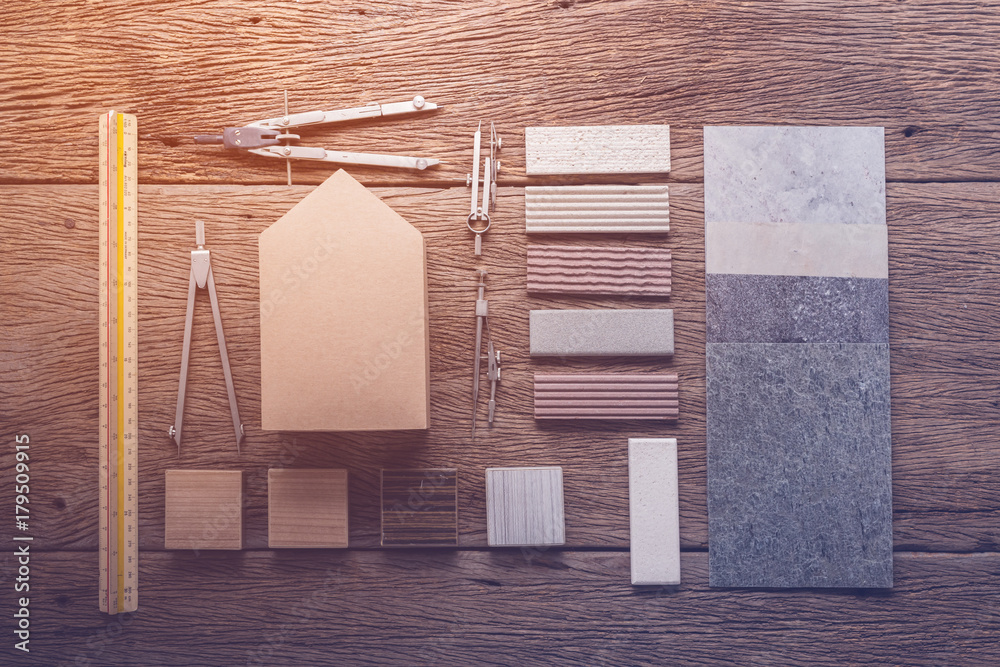 design concept with material sample with stone laminate veneer wooden ...