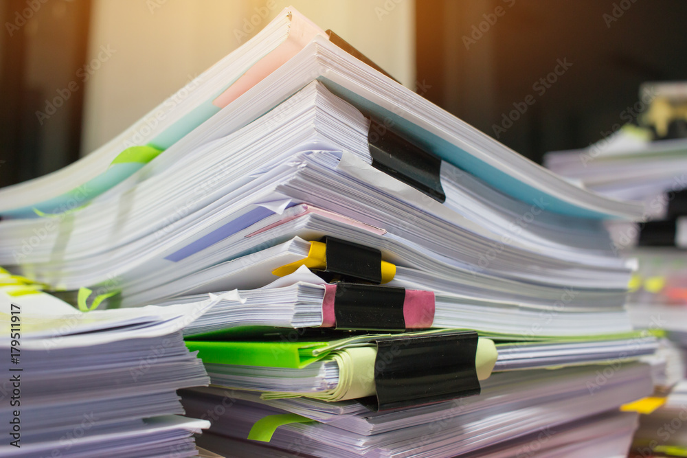 Paper stack, Pile of unfinished documents on office desk related to ...