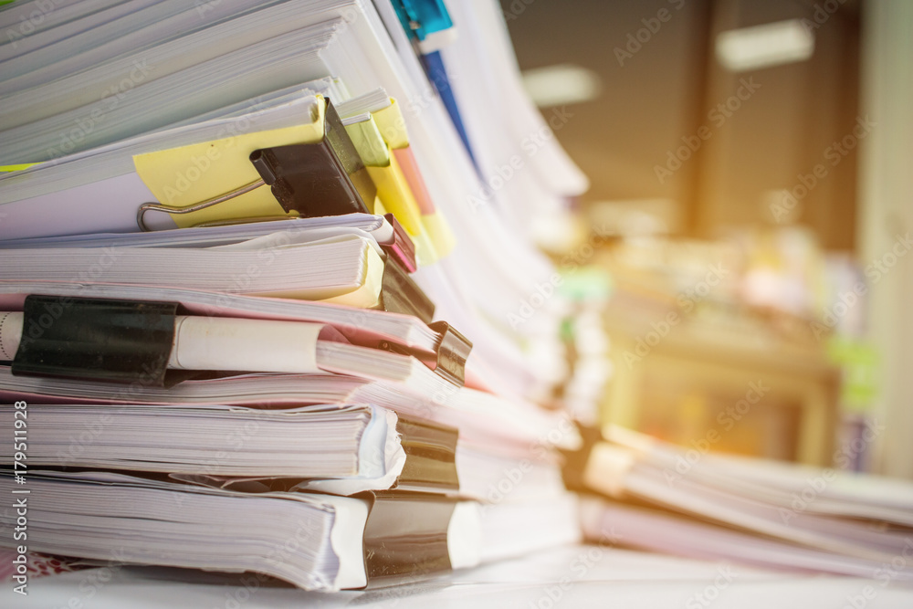 Paper stack, Pile of unfinished documents on office desk related to ...