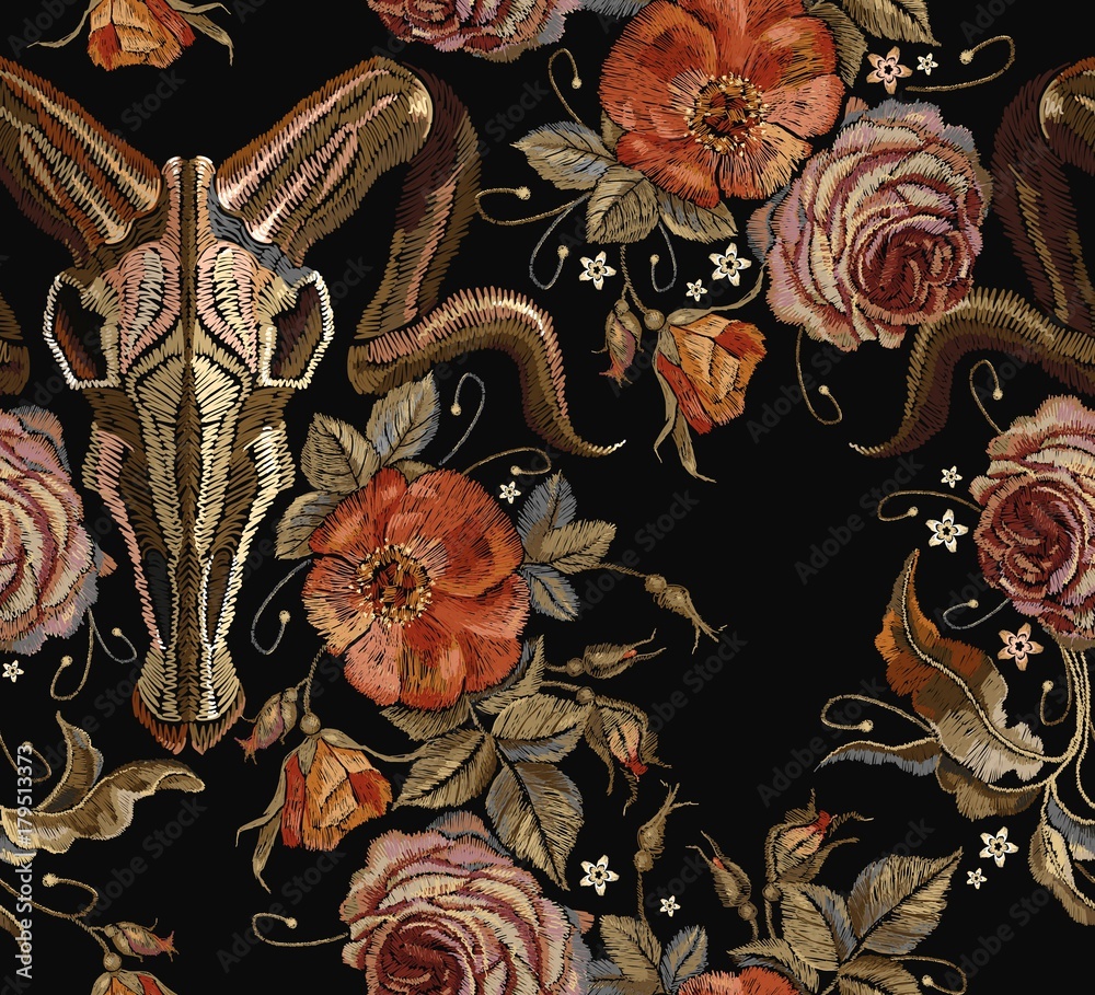 Embroidery bull skull and roses seamless pattern. Dia de muertos, day ...