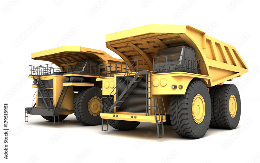 3d illustration. Group of two empty mining dump truck tipper big heavy ...