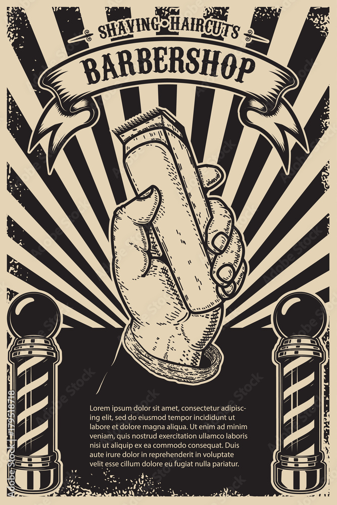 barber shop poster template. Human hand with hair clipper. Stock Vector ...