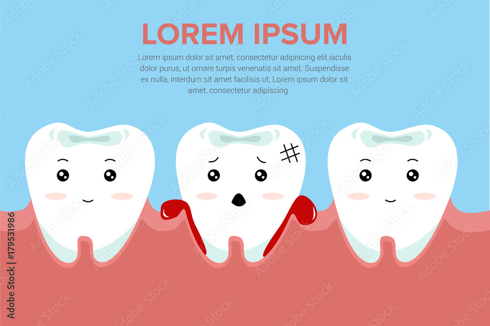 Cute cartoon tooth character with gum problem. Dental care concept ...