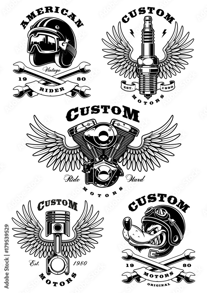 Set of 5 vintage biker illustrations on white background_1 (raster ...