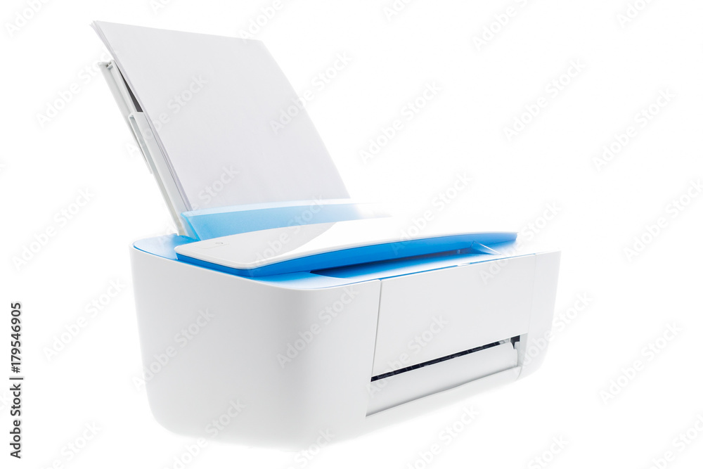 Impresora láser azul aislada sobre fondo blanco Stock Photo | Adobe Stock