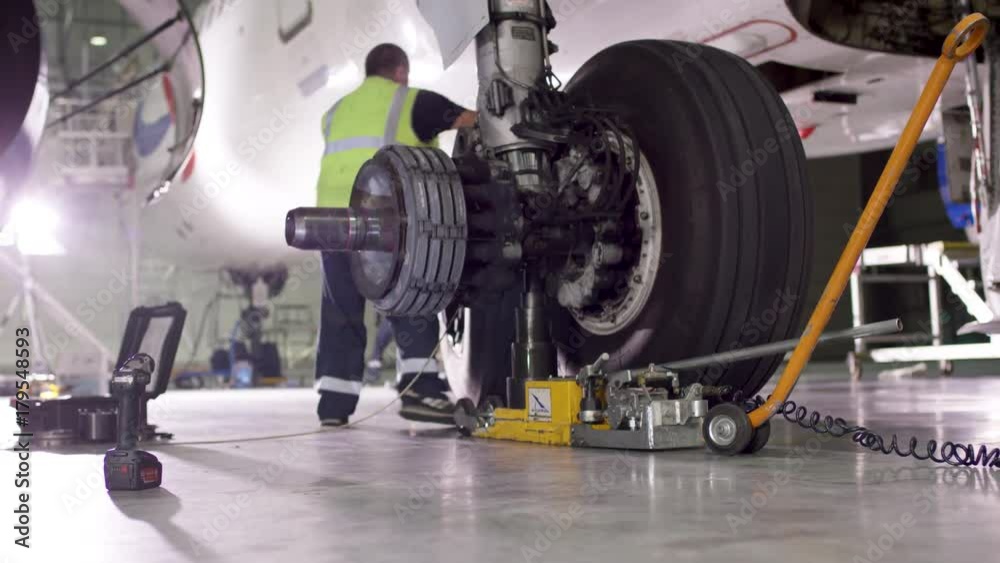 Airport worker checking chassis. Engine and chassis of the passenger ...