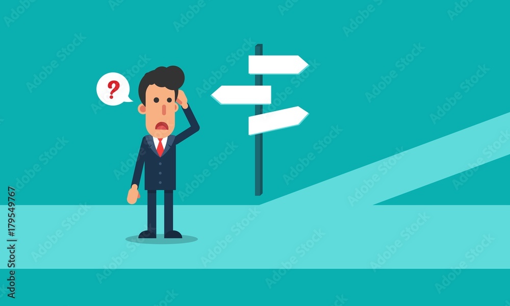 Businessman confused on road with multiple direction signs simple ...