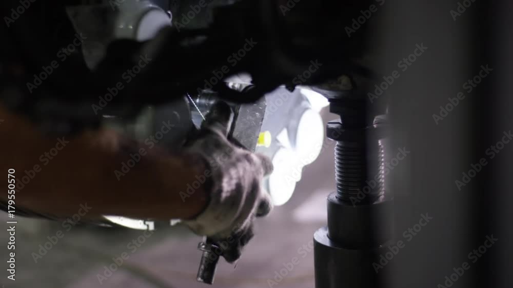 Calm workers controlling aircraft machine and chassis. Aircraft ...