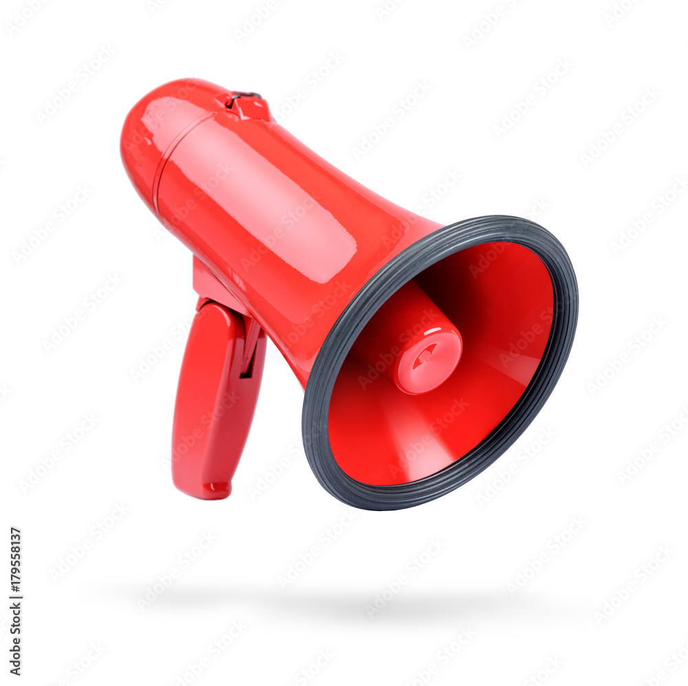 Red megaphone isolated on white background. File contains a path to ...