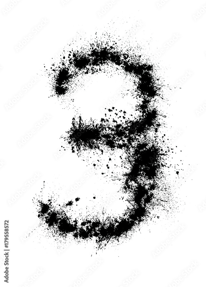 Number 3 three character made of black powder ink isolated on white ...
