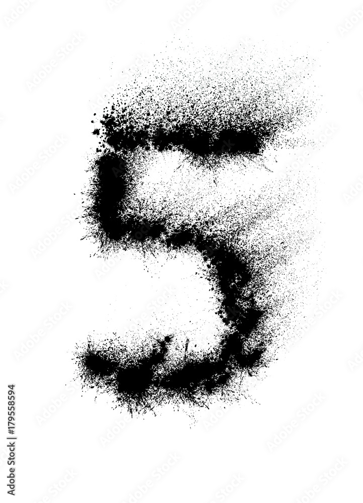 Number 5 five character made of black powder ink isolated on white ...