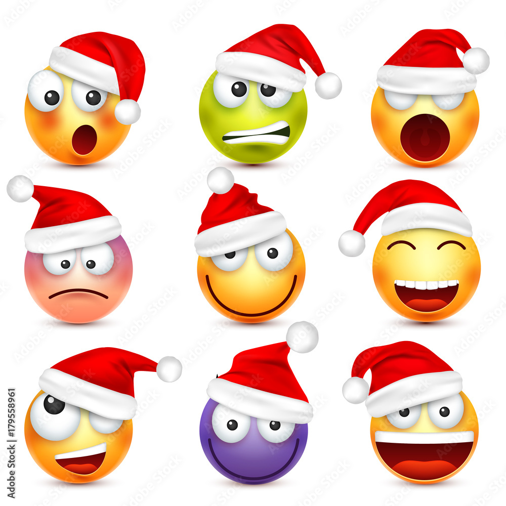 Smiley,emoticon set. Yellow face with emotions and Christmas hat. New ...