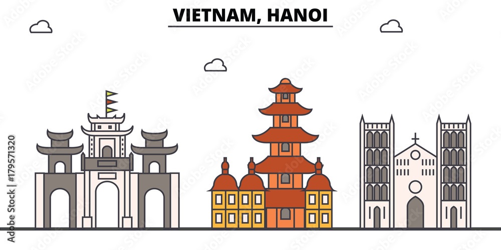 Vietnam, Hanoi outline skyline, vietnamese flat thin line icons ...