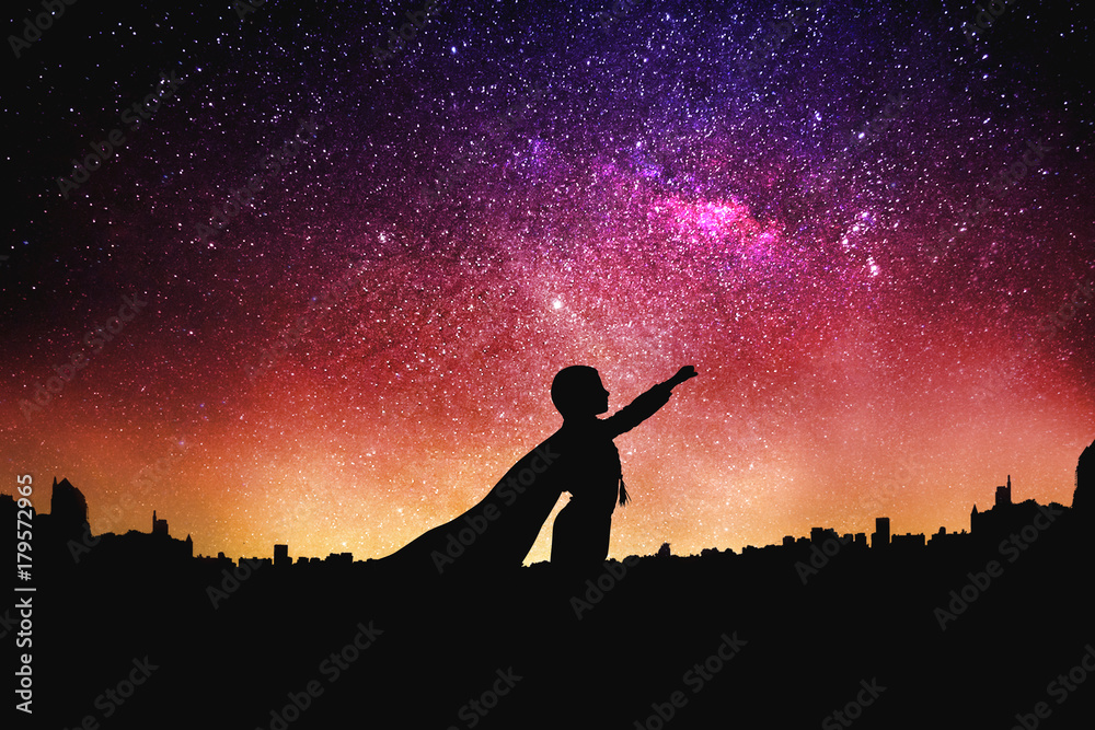 superhero silhouette at the night starry sky background Stock Photo ...