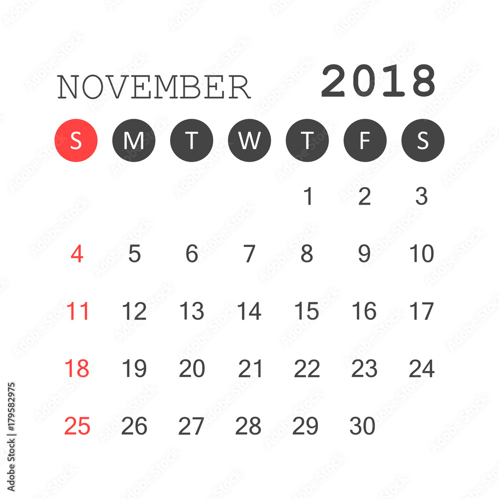 November 2018 calendar. Calendar planner design template. Week starts ...