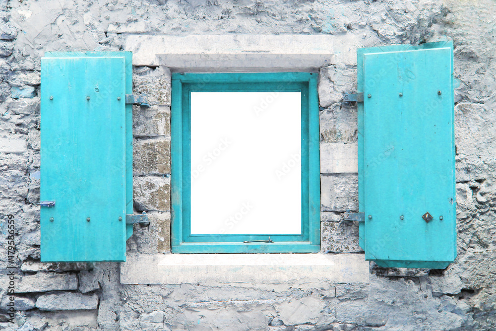 Wide Open Window on Stone Wall Background with Rustic Azure Wooden ...