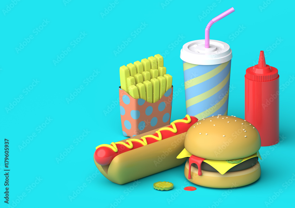 Fast Food Scene - 3D Illustration An arrangement of fast food such as ...