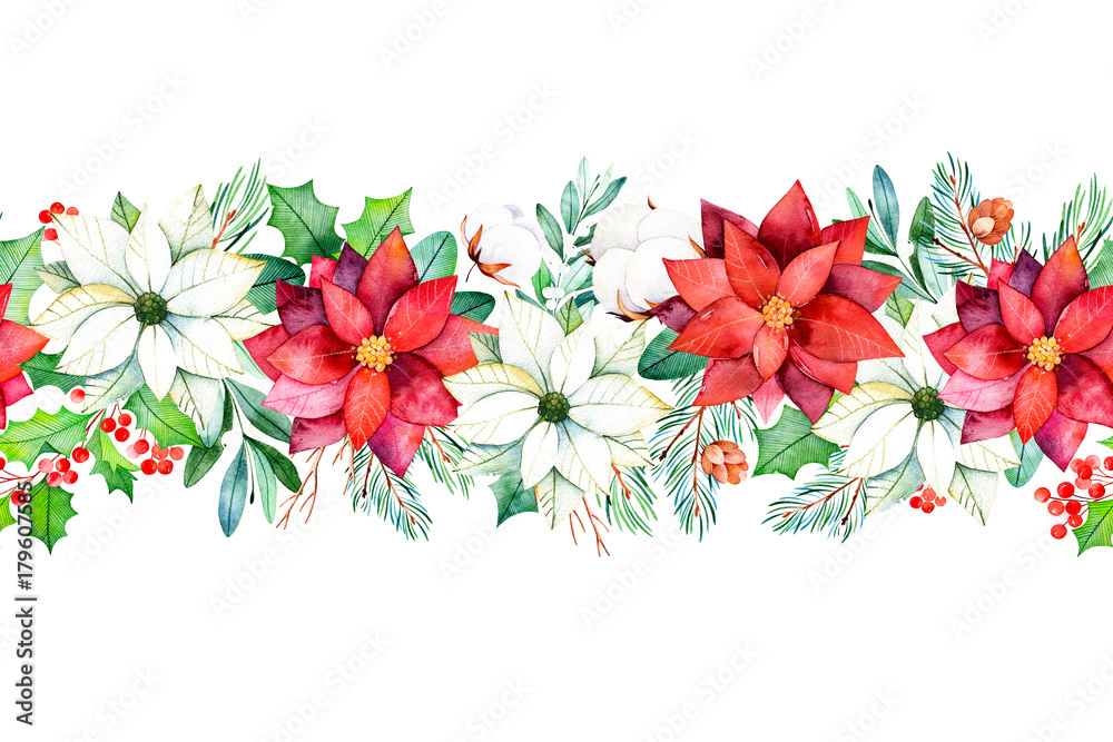 Christmas collection.Winter seamless repeat floral border with leaves ...