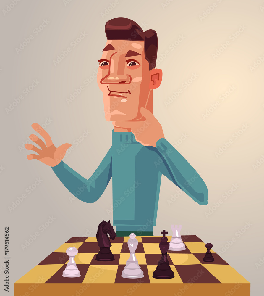 Thinking man character play chess. Vector flat cartoon illustration ...