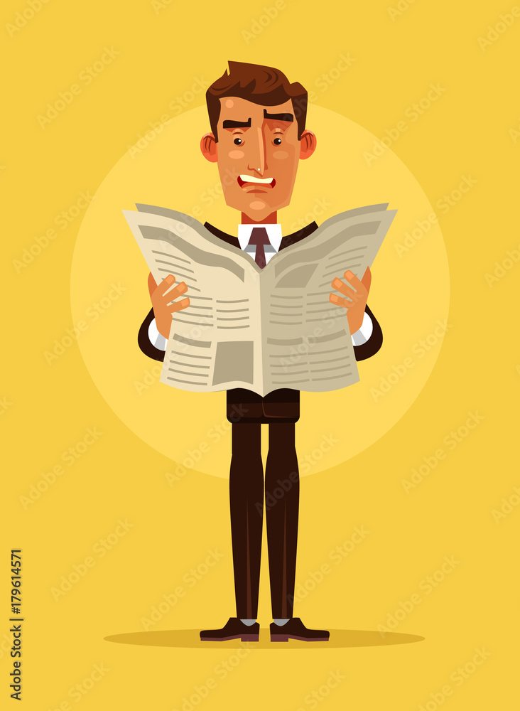 Surprised office worker man character read newspaper. Vector flat ...