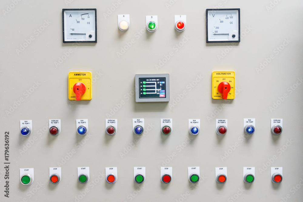 Technical display on control panel with electrical equipment devices ...