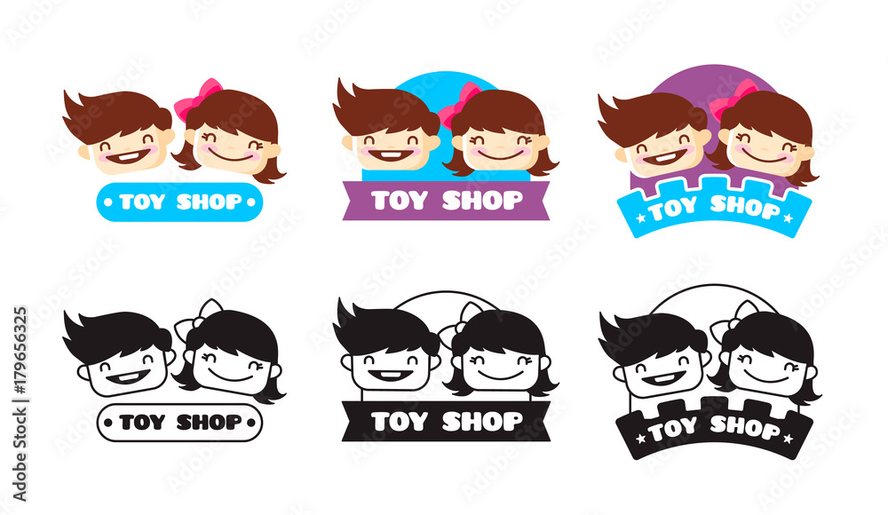 Vector cartoon toy store logo. Cute kids shop symbol with boy and girl ...