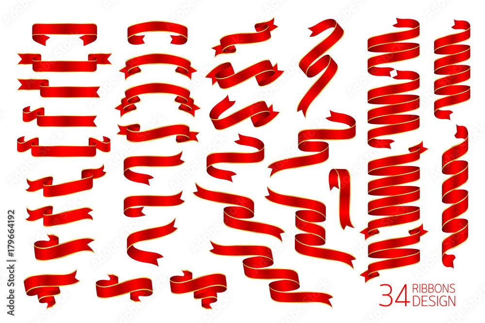 Set of red ribbon with gold strip. Gradient style. Vector illustration ...
