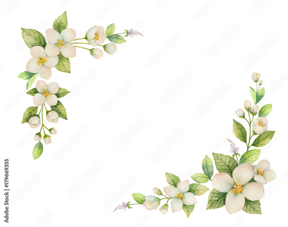 Watercolor vector frame of flowers and branches Jasmine isolated on a ...