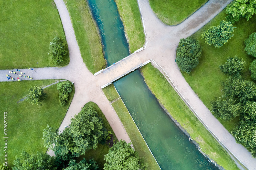 Walkways and bridge over the river in the park, top view Stock Photo ...