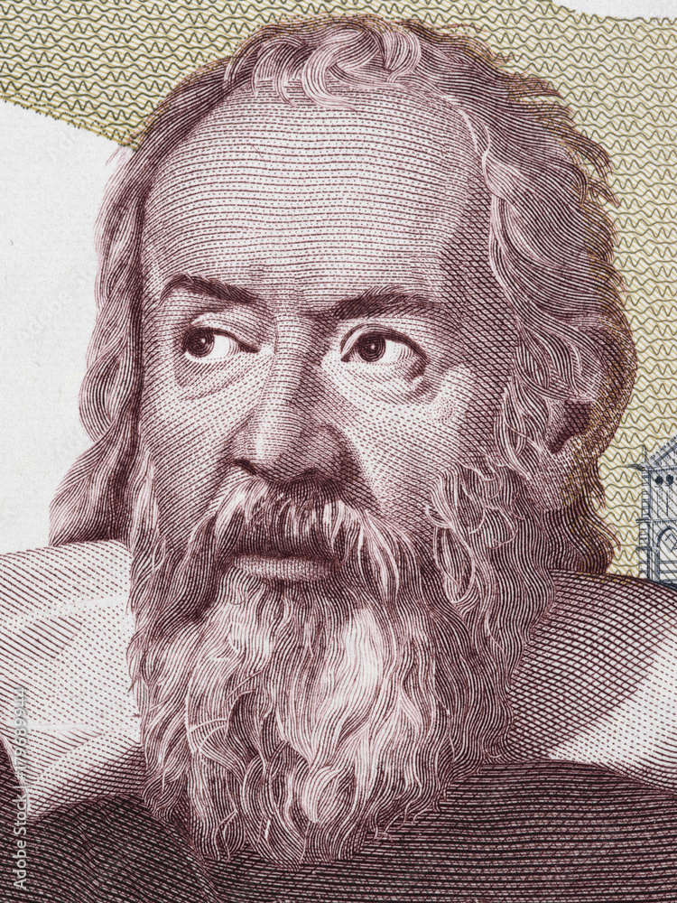 Galileo Galilei portrait on Italy 2000 lira (1983) banknote closeup ...