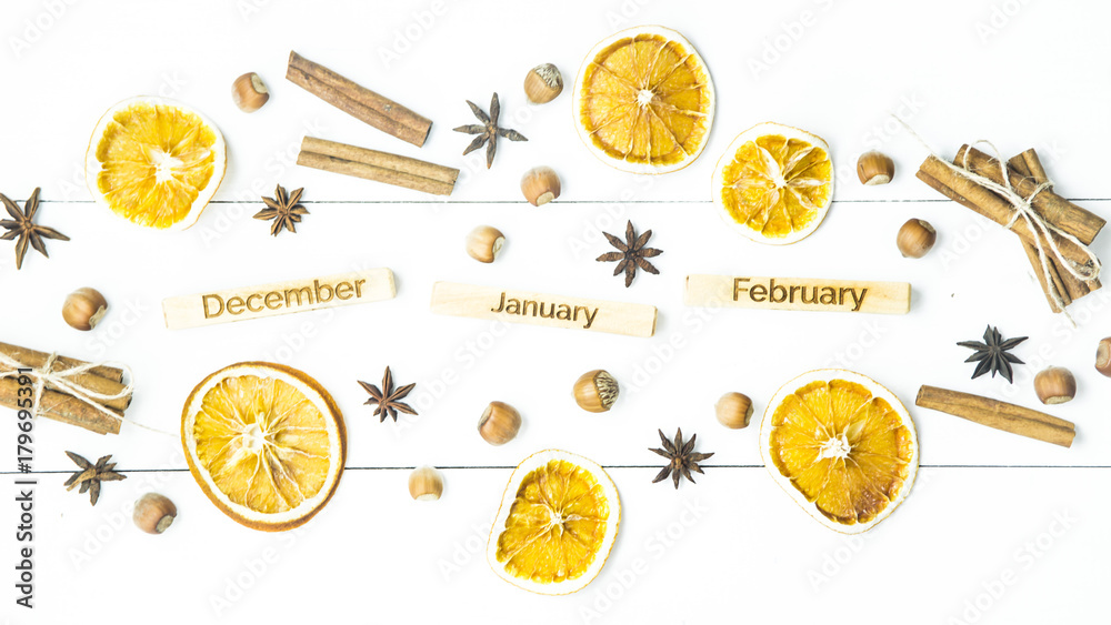 winter still life with the inscriptions of the names of the months ...