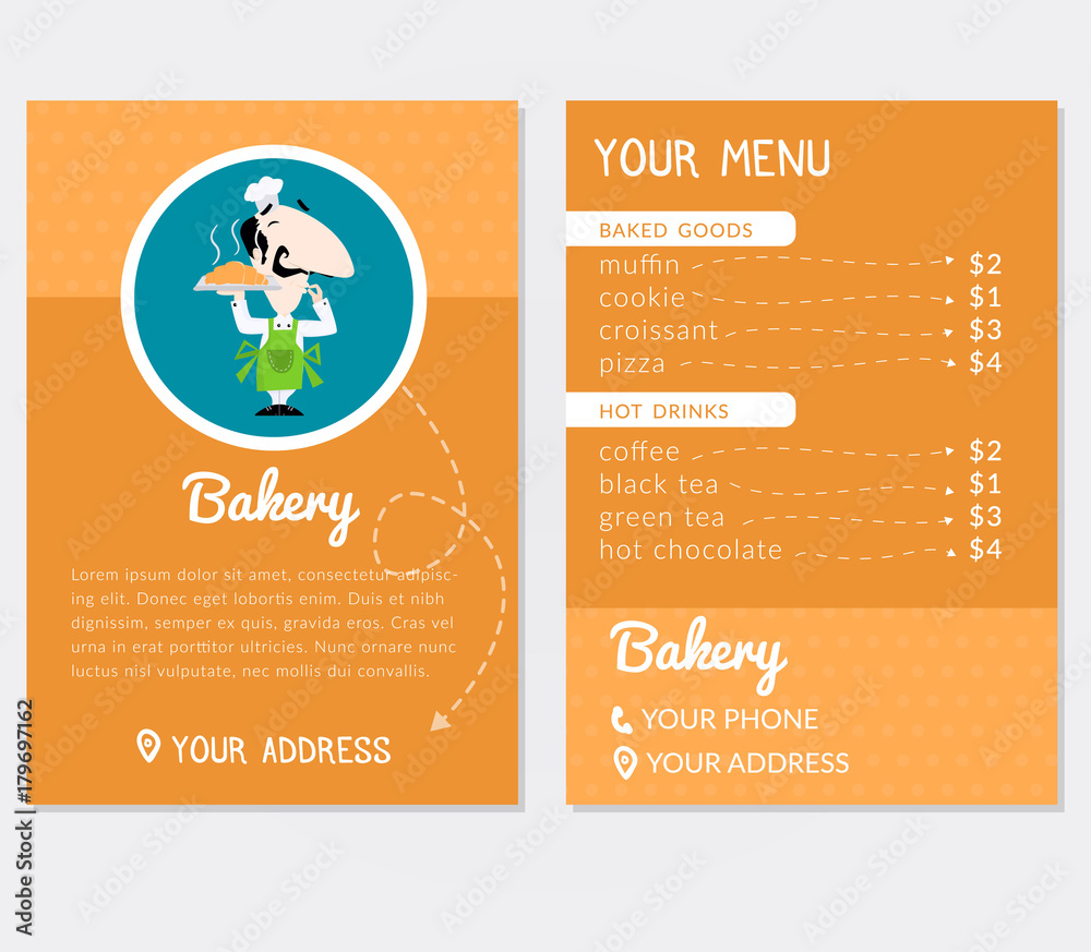 Flyer template for a bakery with cartoon style illustration of an ...