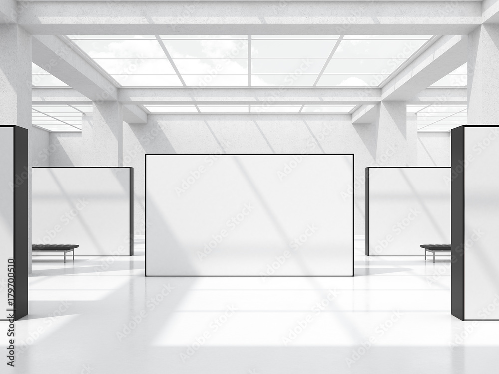 Bright exhibition hall with windows in the ceiling. 3d rendering Stock ...