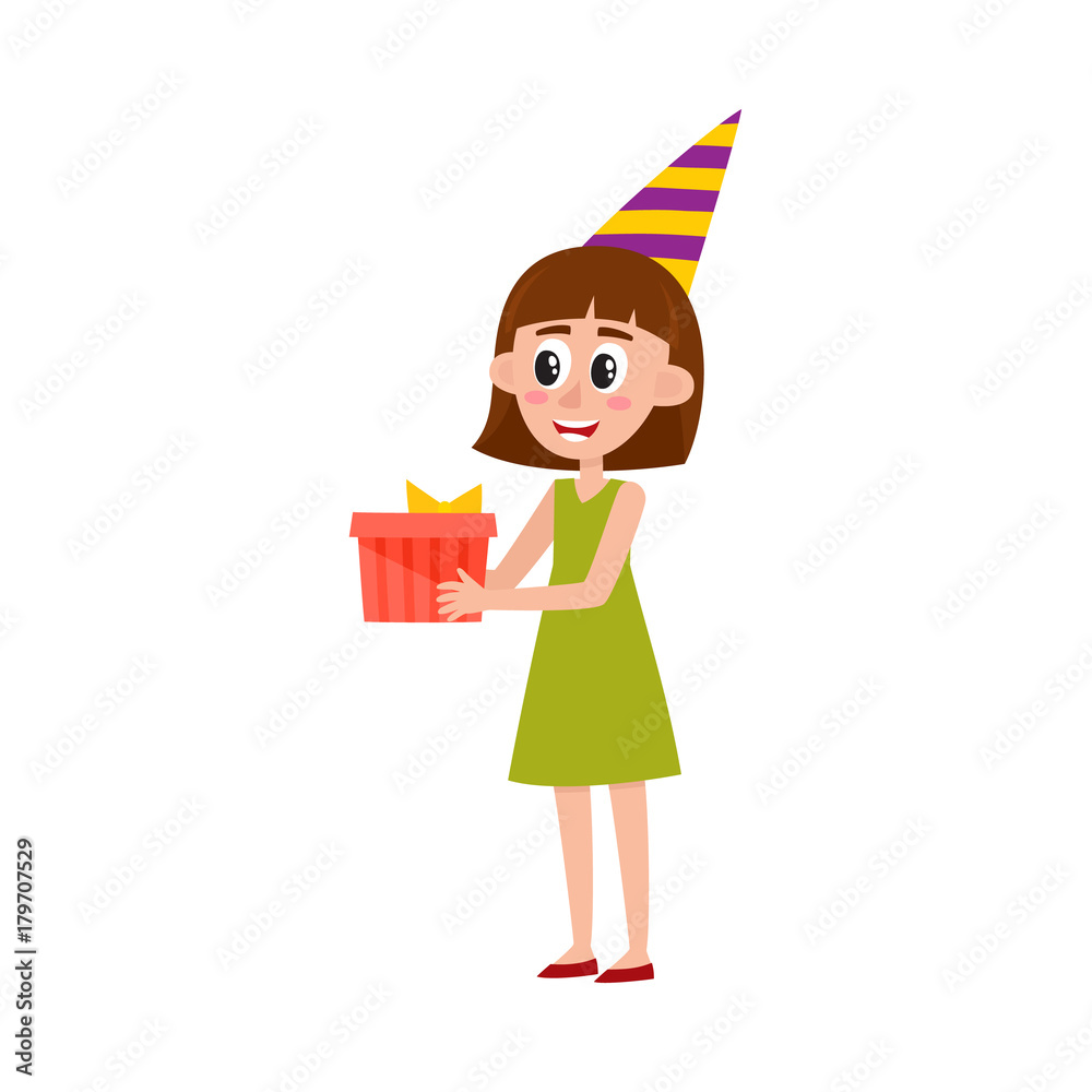 Pretty girl, woman in birthday hat holding, giving present box, cartoon ...