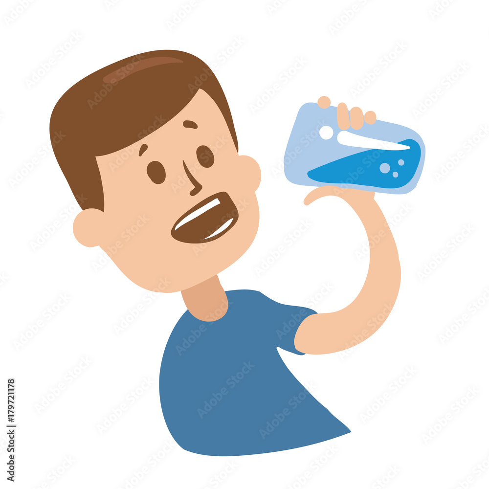 Cheerful guy drinking water on a white backgroud. Isolated flat ...