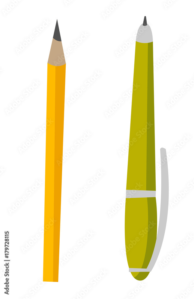 Green pen and yellow pencil vector cartoon illustration isolated on ...