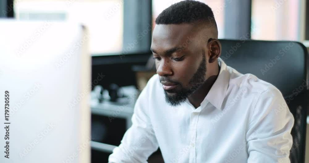 Portrait black man working use computer feel happy smile looking in ...
