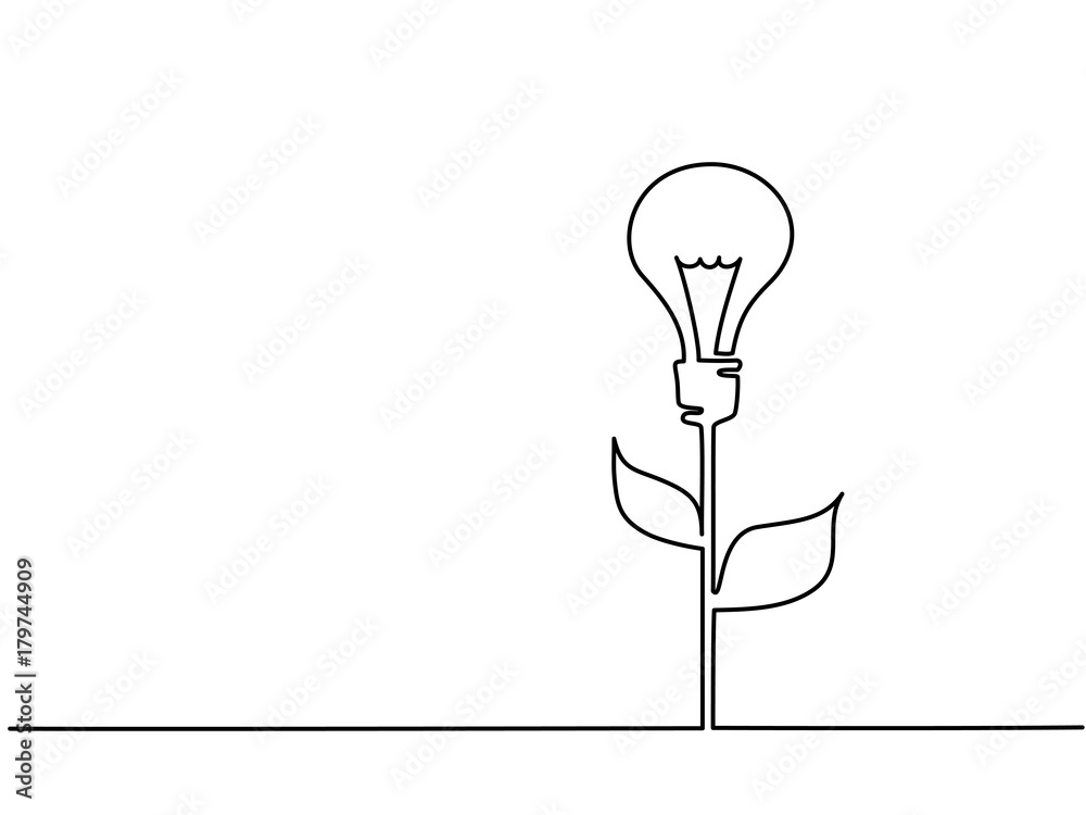 Continuous line drawing. Electic light bulb illuminated on stem of ...