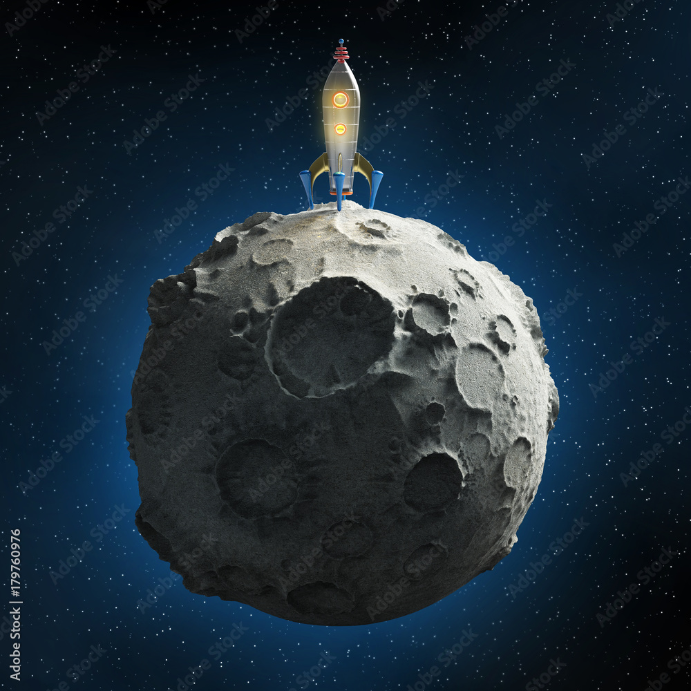 glossy metallic vintage rocket landed on surface of the moon. space ...