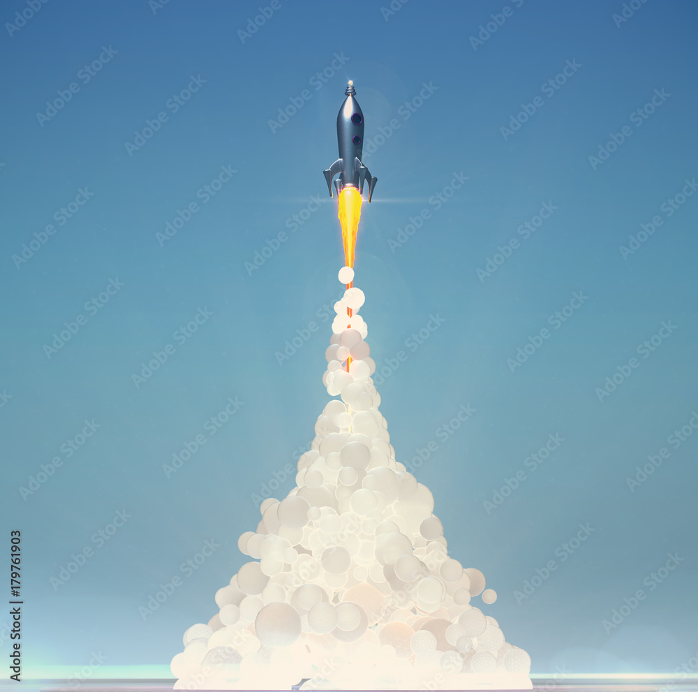 cute vintage rocket launch with soft fluffy smoke on light blue ...