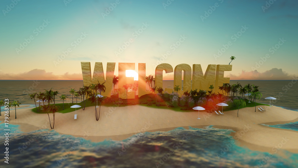 render word welcome made of sand on tropical paradise island with palm ...