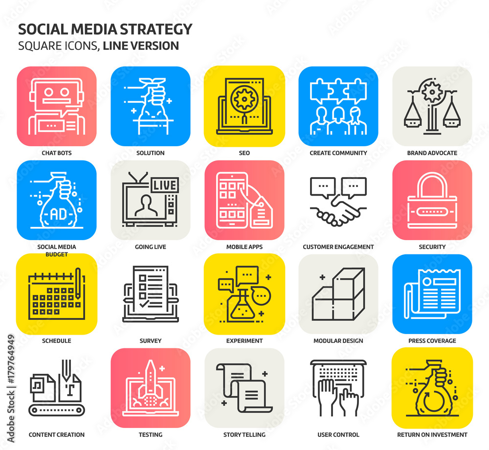 Social media strategy, square icon set Stock Vector | Adobe Stock