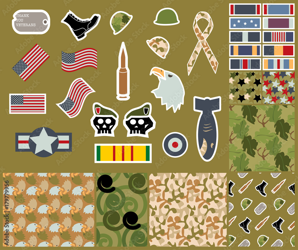 Veterans day Collection of Military Symbols and Seamless Camouflage ...