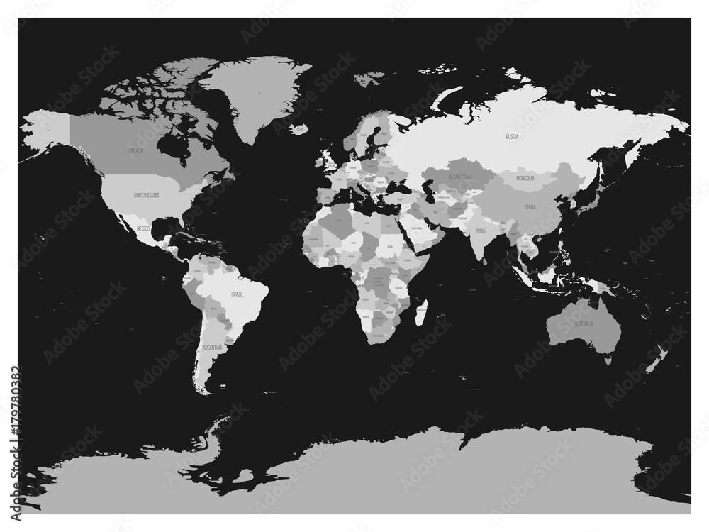 World map in four shades of grey on dark background. High detail blank ...