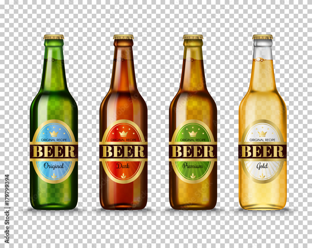 Realistic Green, brown, yellow and white glass beer bottles with with ...