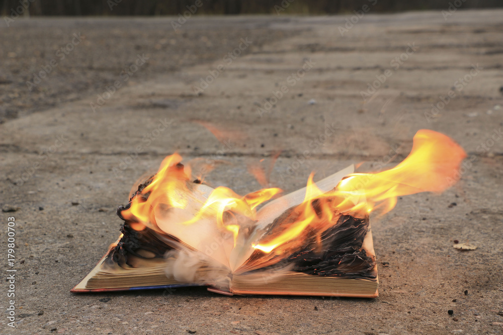 book with burning pages on a concrete surface Stock Photo | Adobe Stock