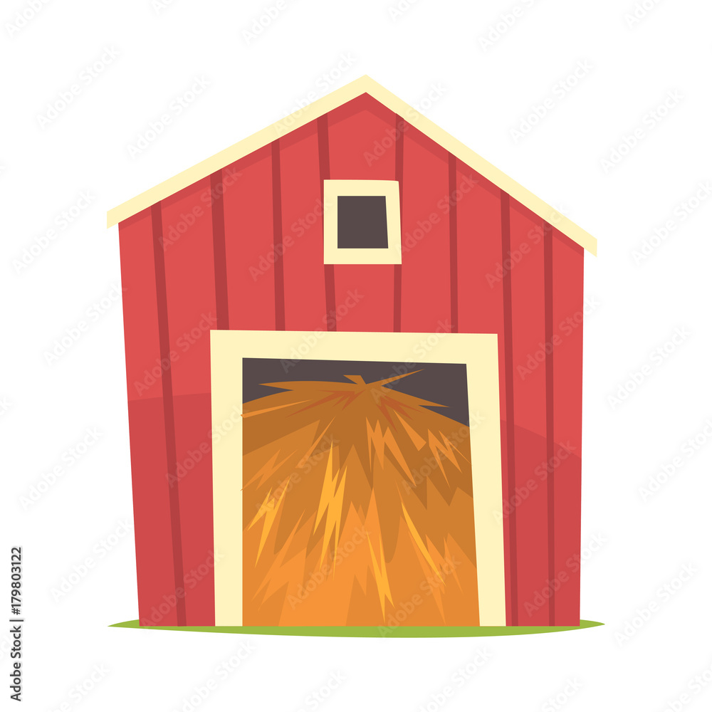 Red barn with hay, wooden agricultural building cartoon vector ...